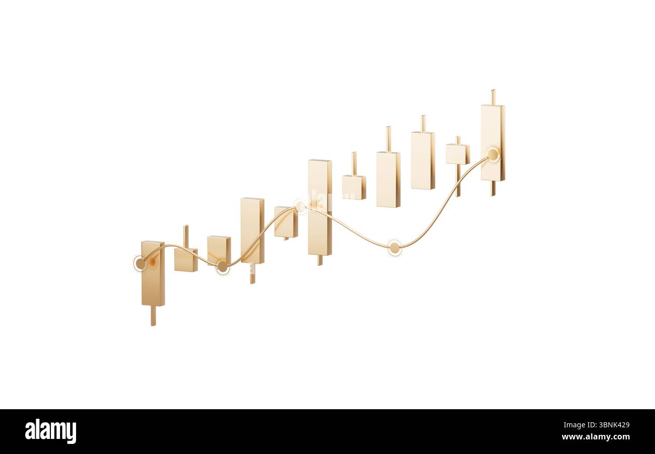 Golden stock bar graph with growth trend, 3d rendering. 3D illustration ...