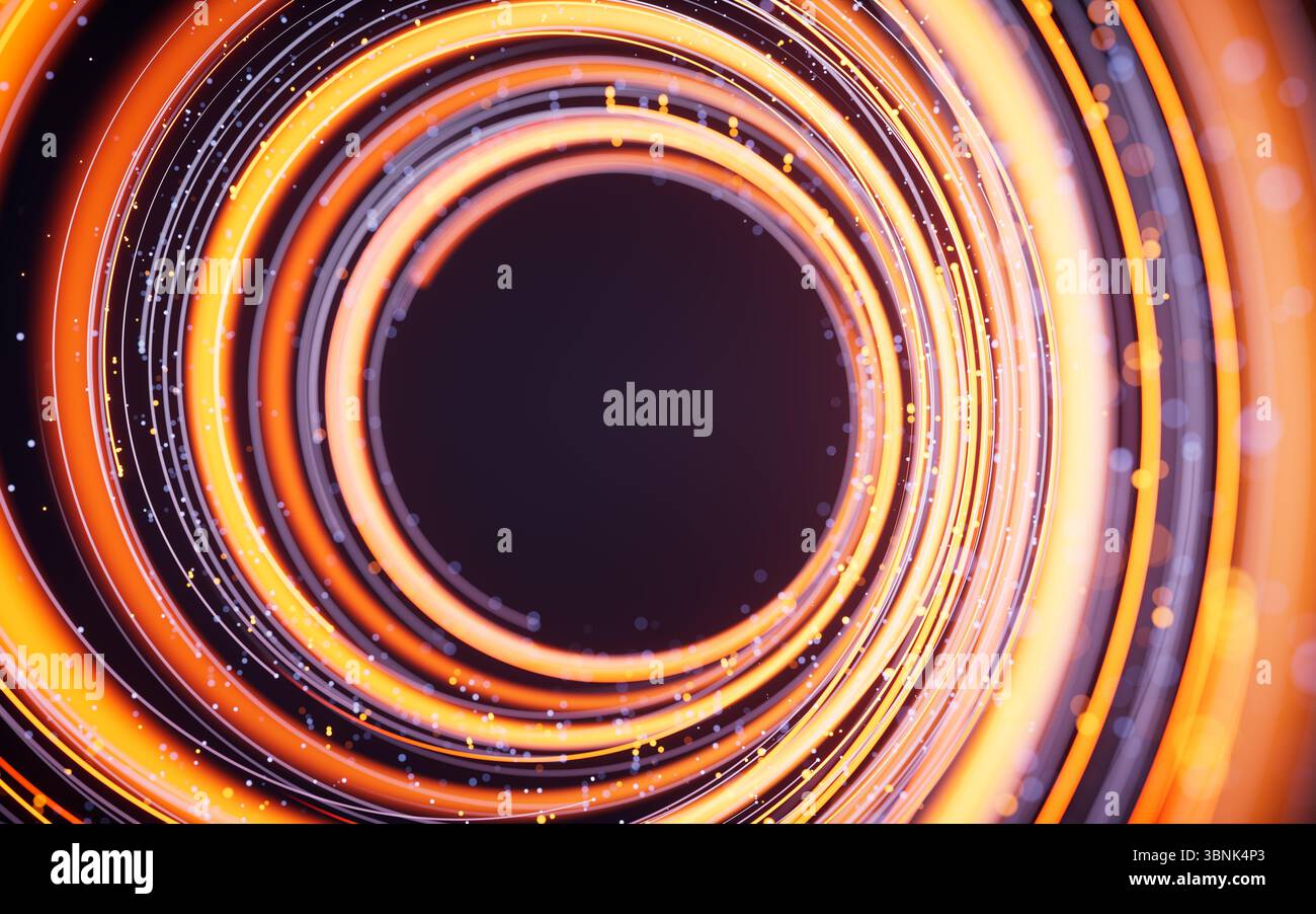 Rotating glowing vortex lines and particles background, 3d rendering ...