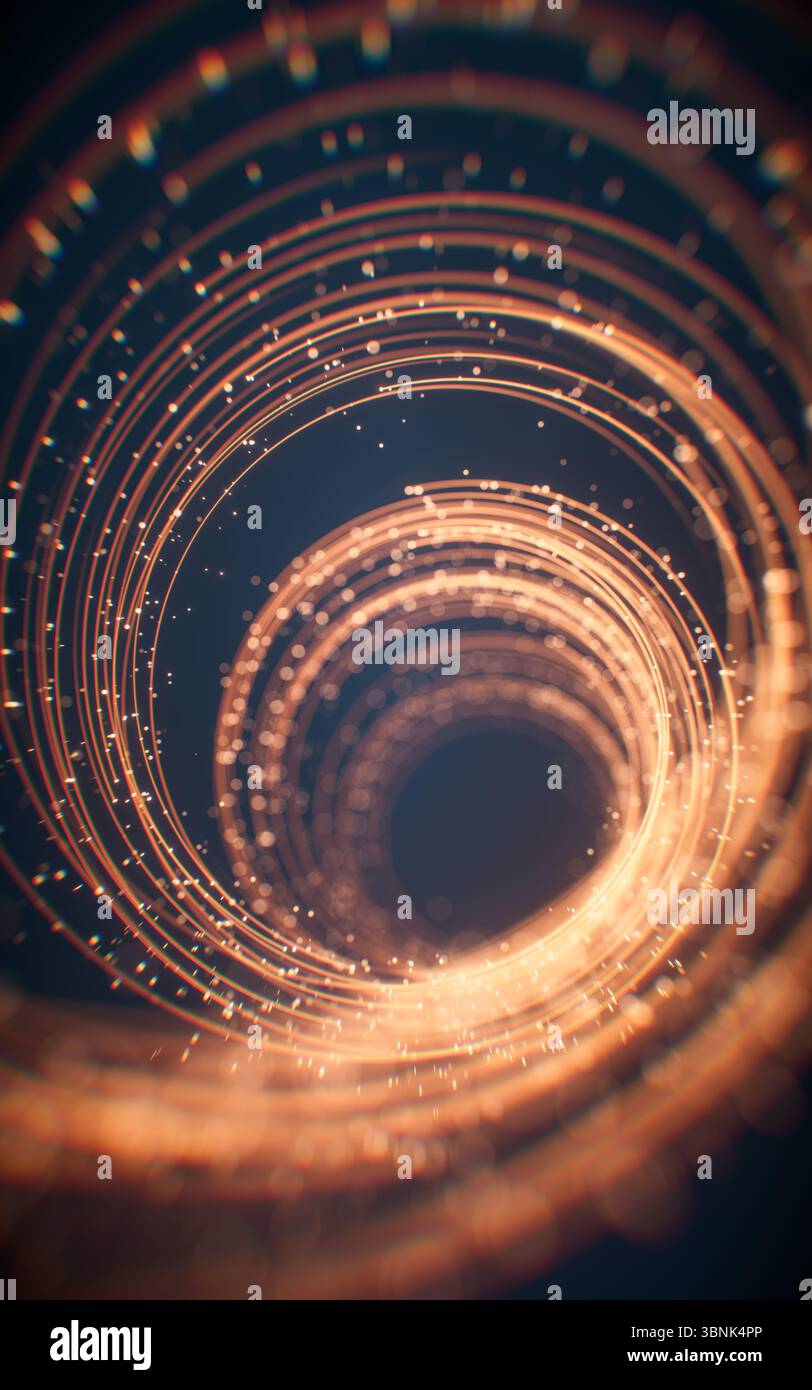 Rotating glowing vortex lines and particles background, 3d rendering ...
