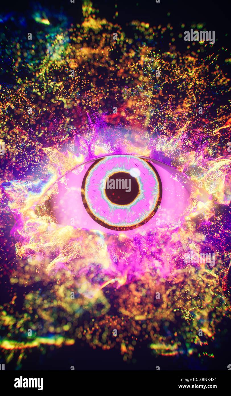 An eye in the dark with vfx particles, 3d rendering. 3D illustration ...