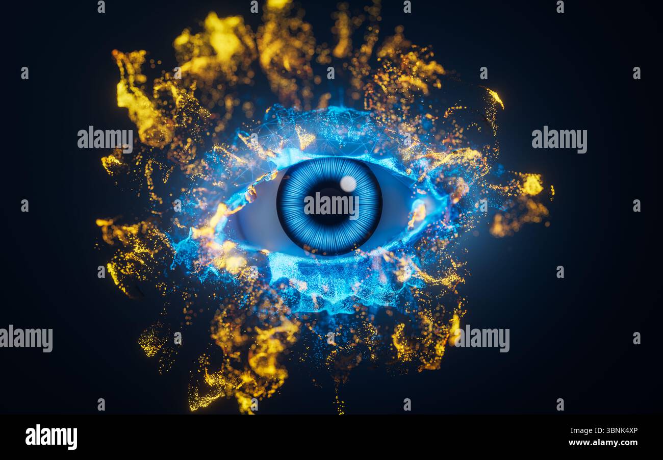 An eye in the dark with vfx particles, 3d rendering. 3D illustration ...