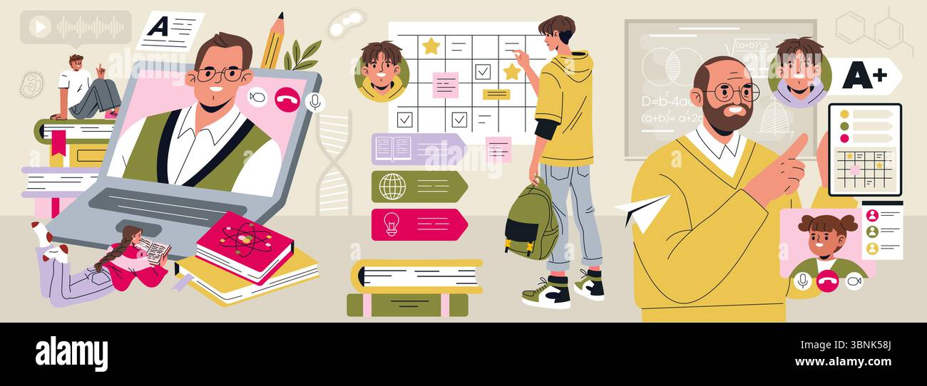 Vector illustration depicting online education with students learning ...