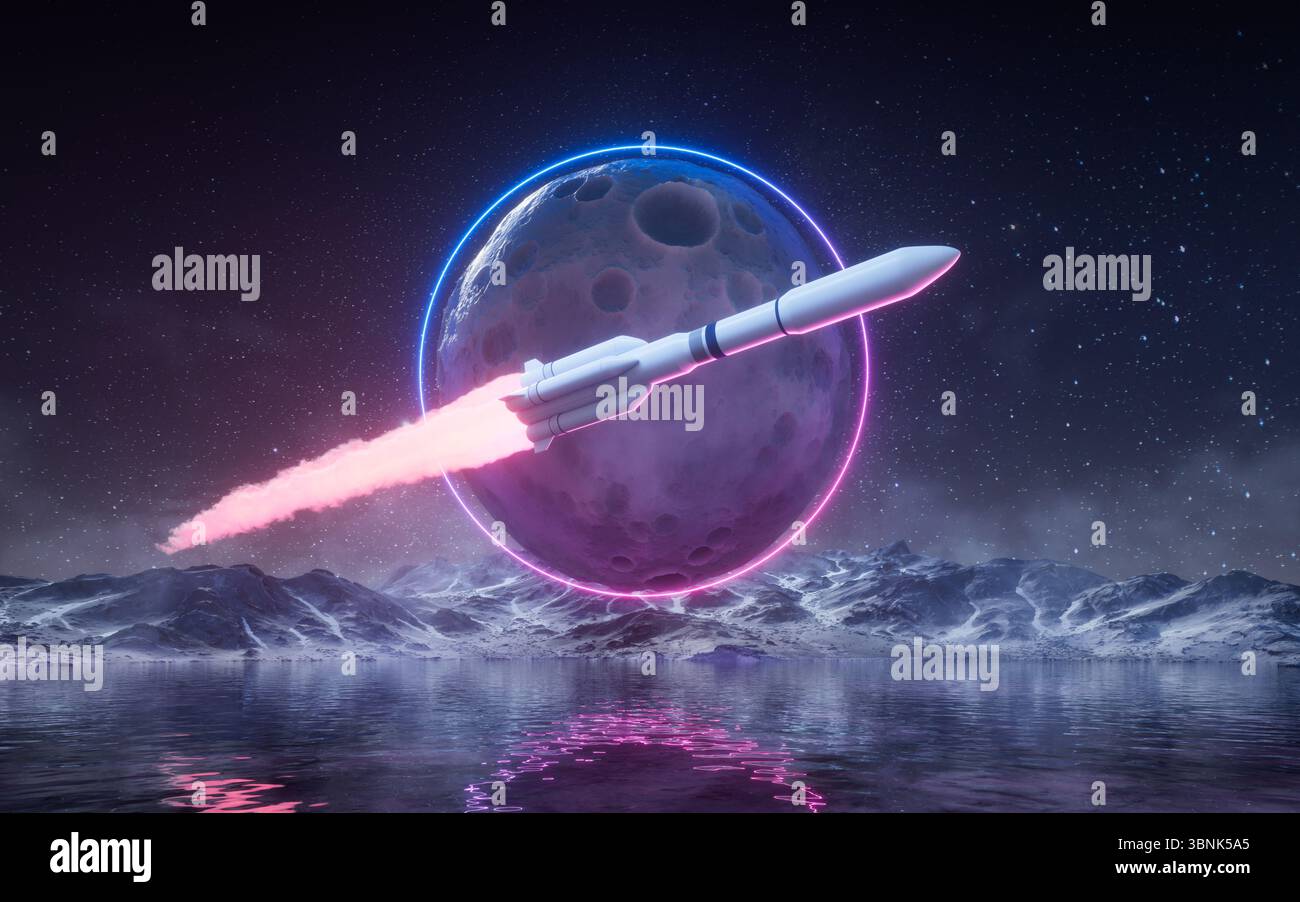 A space rocket landing with planet background, 3d rendering. 3D ...