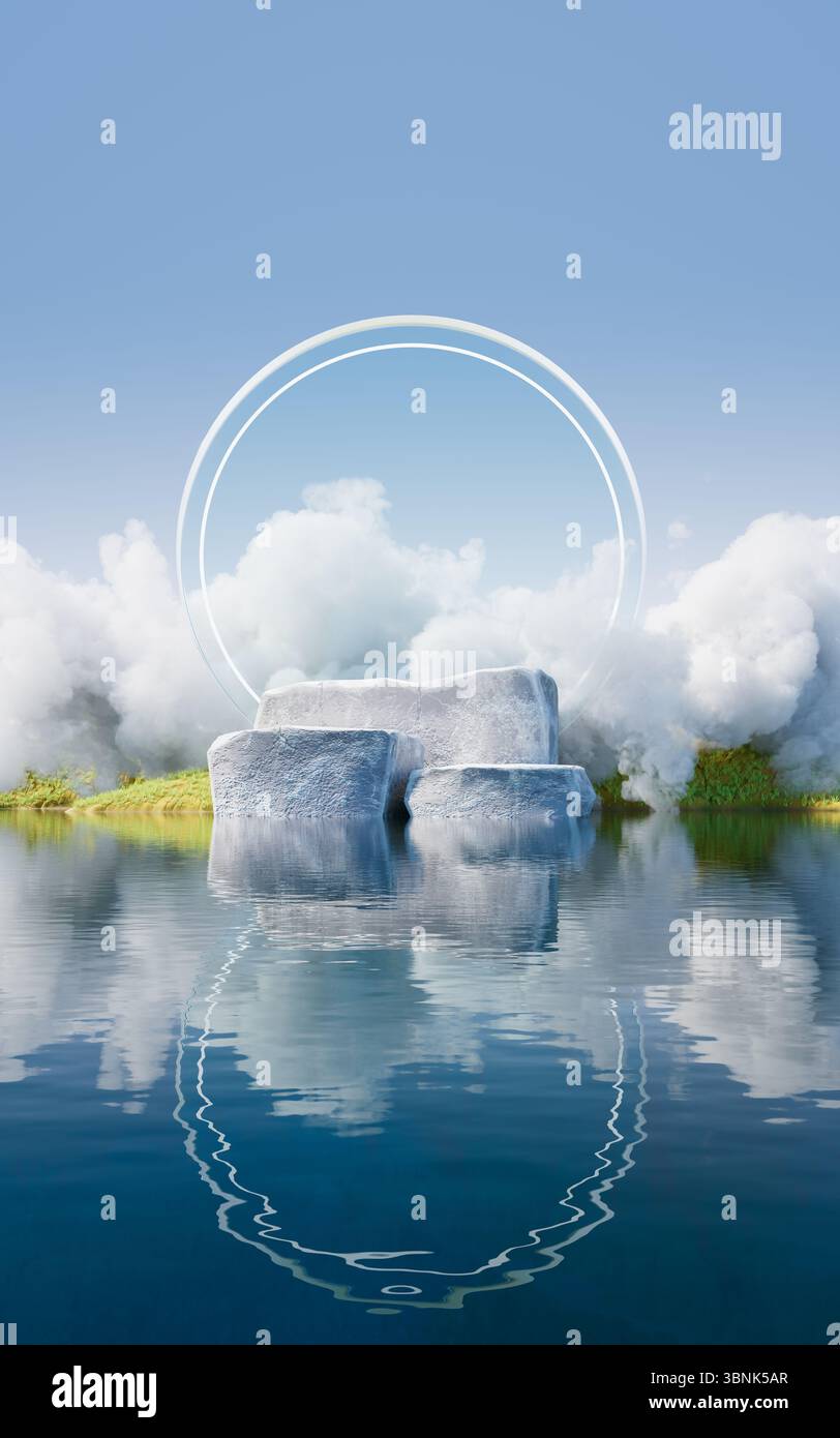 Rock stages and smoke over the lake in the nature, 3d rendering. 3D ...