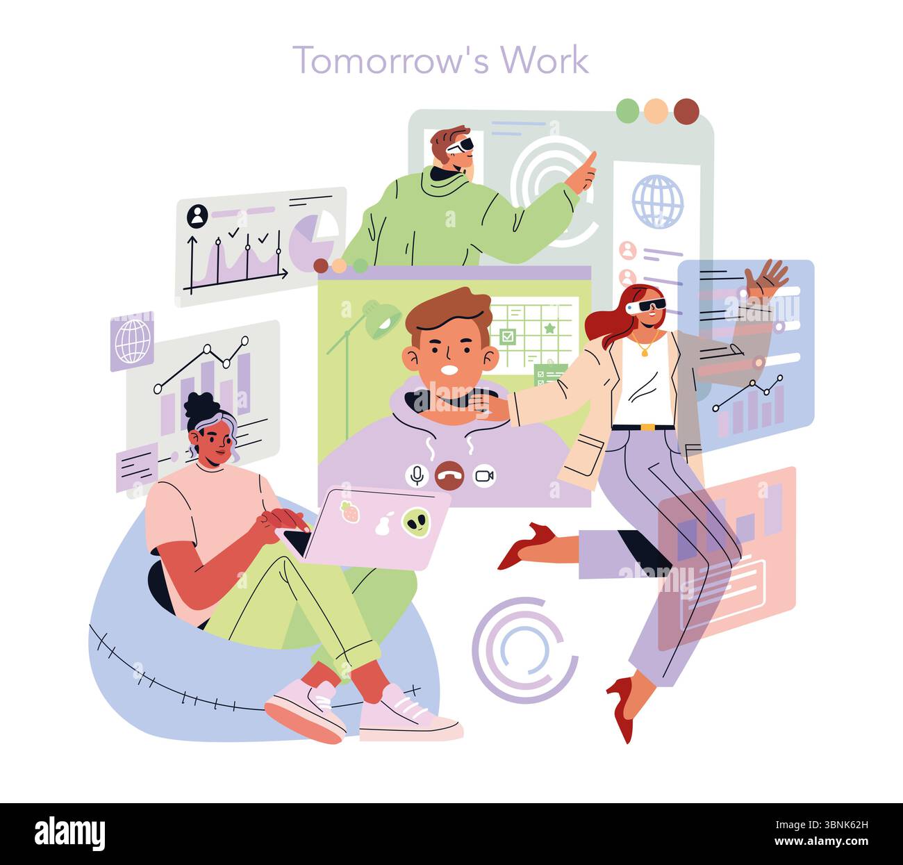 Tomorrow Work concept. Digital professionals use virtual reality, data visualization, and remote ...