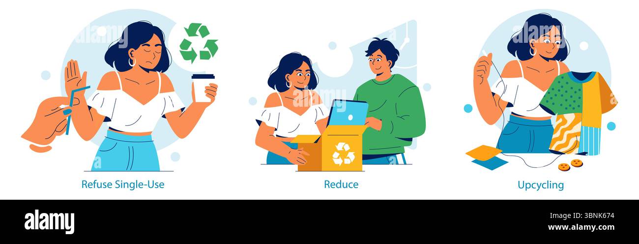 Vector illustration showing sustainable actions. A person refusing ...