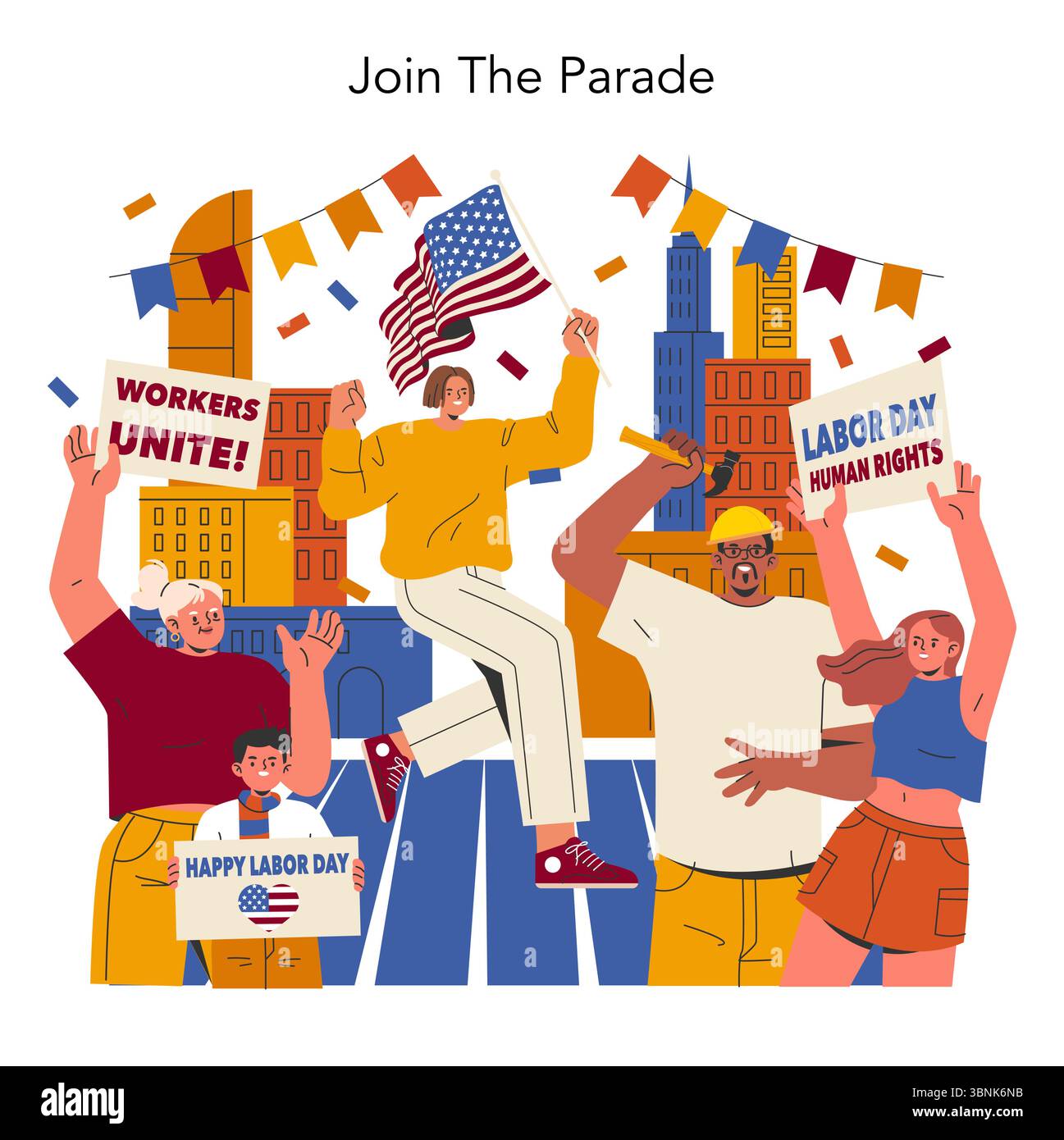 Labor Day celebration vector showing diverse people in a lively parade ...