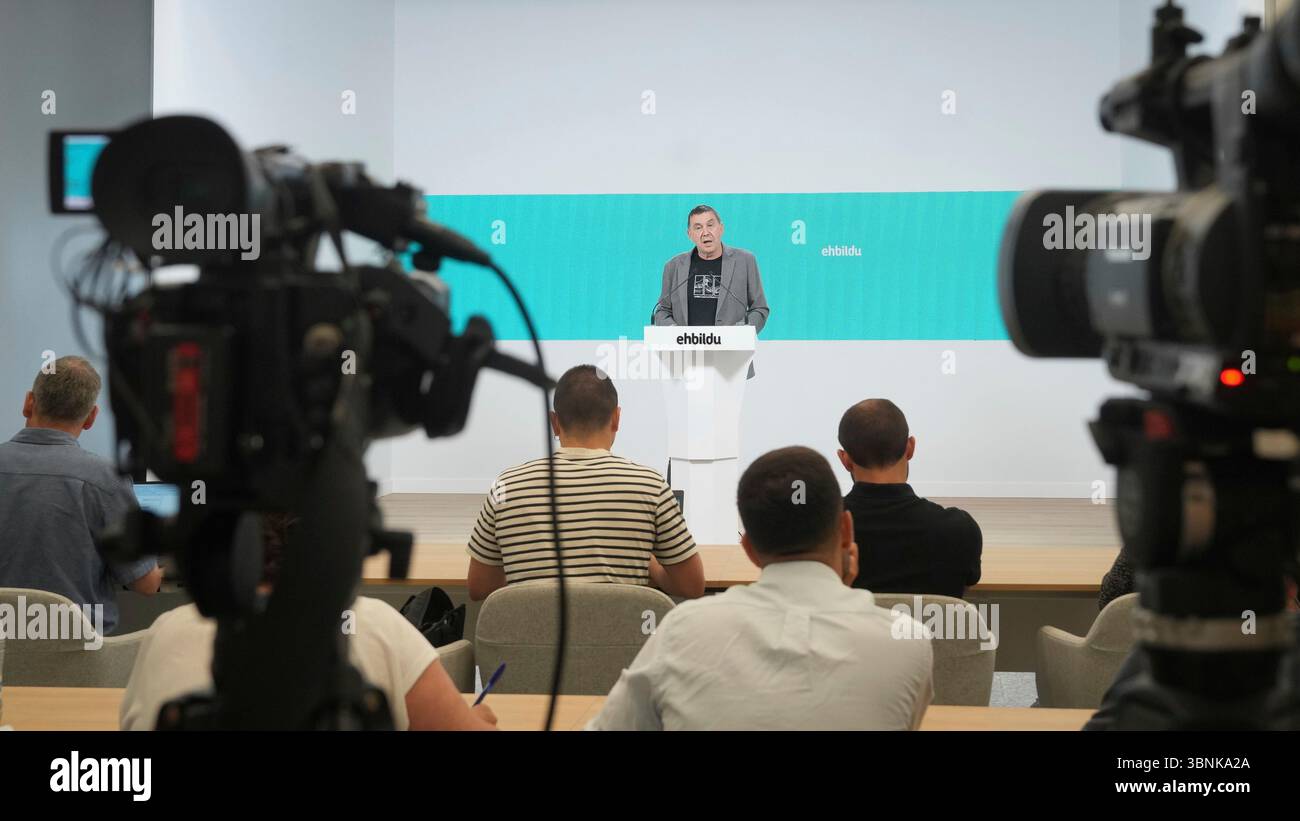 The Secretary General of EH Bildu, Arnaldo Otegi, gives a press ...