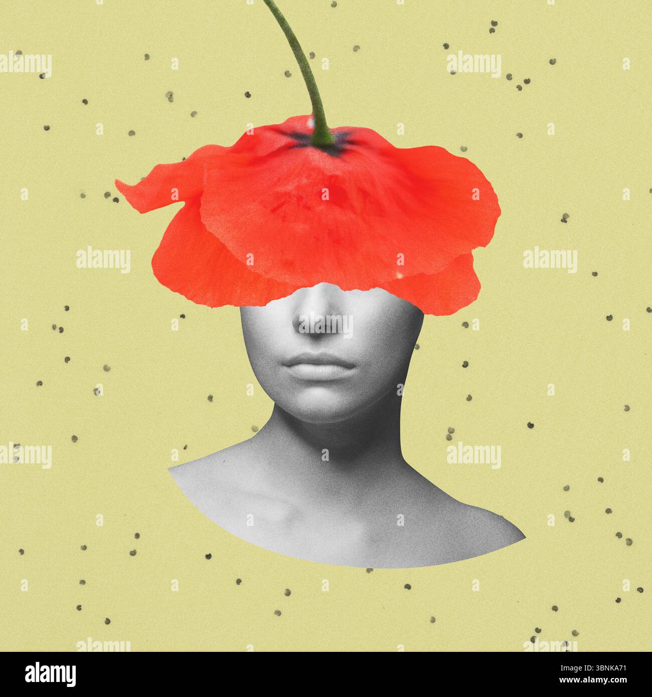 Abstract collage illustration of beautiful woman covered her eyes and ...