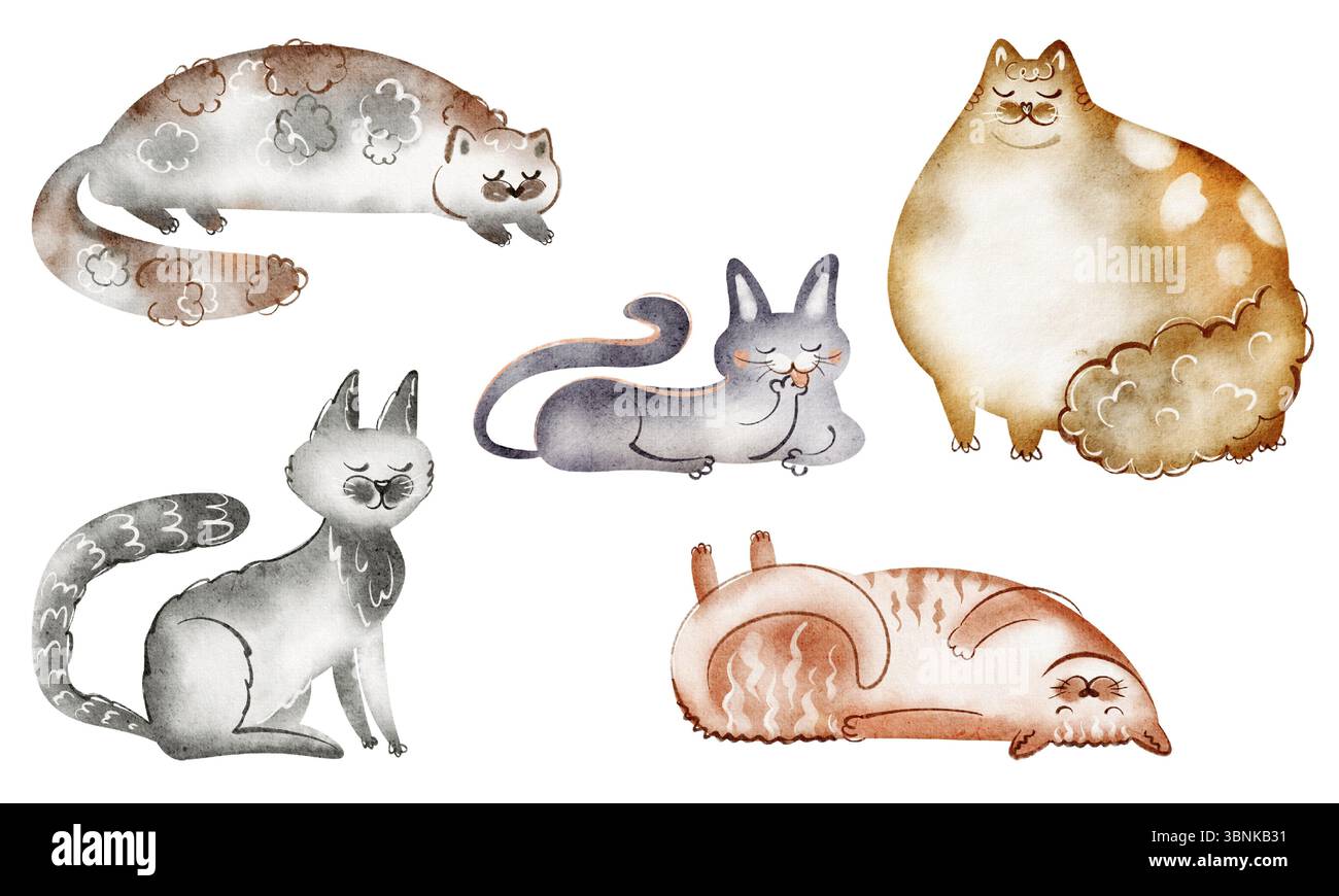 Funny Cats Watercolor Illustration Set Stock Photo - Alamy