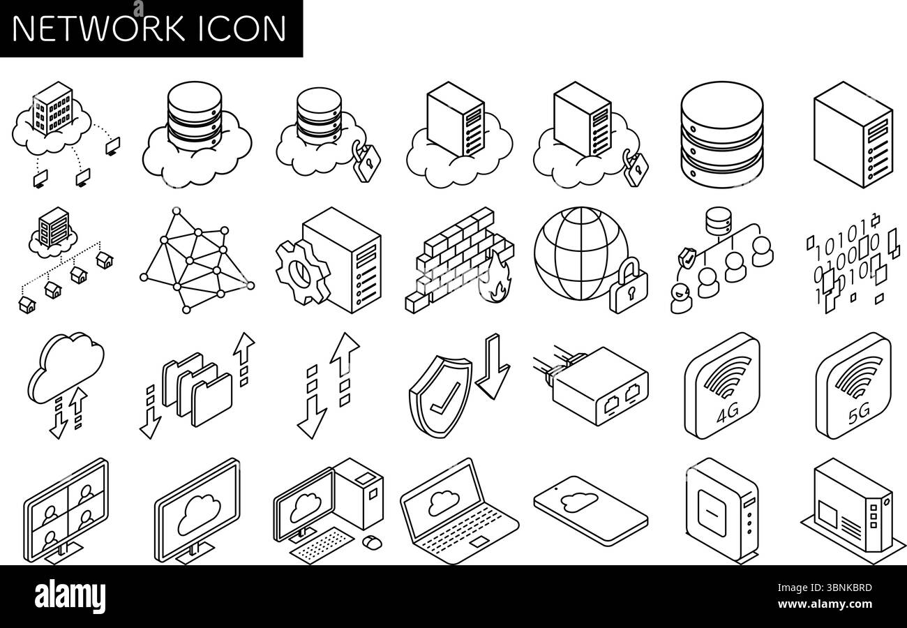 Network-related isometric line icons set of 28 items including cloud ...