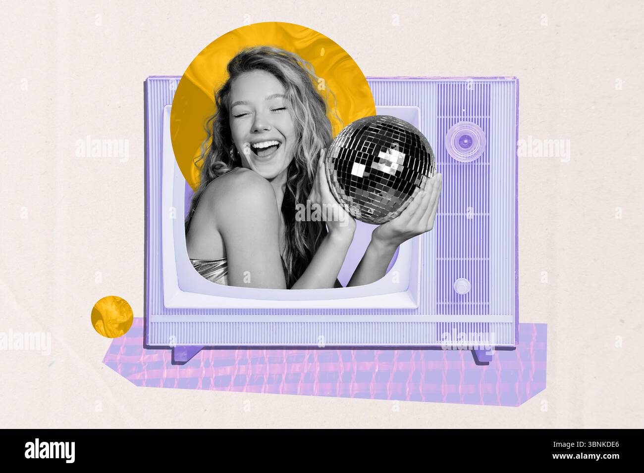 Zine banner art full photo collage of happy girl peek tv screen analog ...