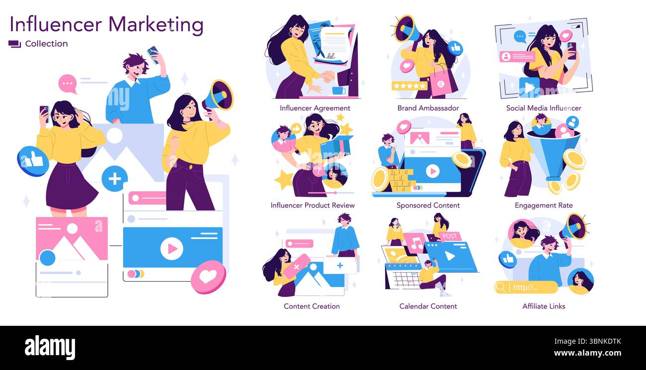 Influencer marketing vector illustration showing different aspects of ...