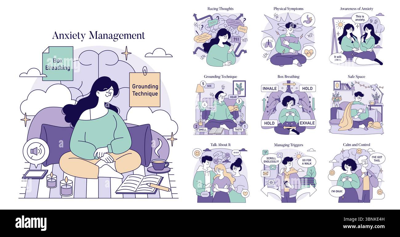 Vector illustration set depicting anxiety management techniques ...
