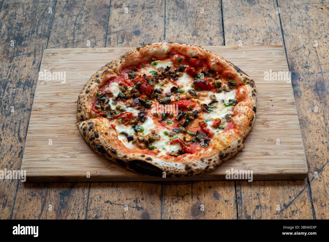 Artisan wood fired oven baked pizza pesto blush with roasted aubergine ...