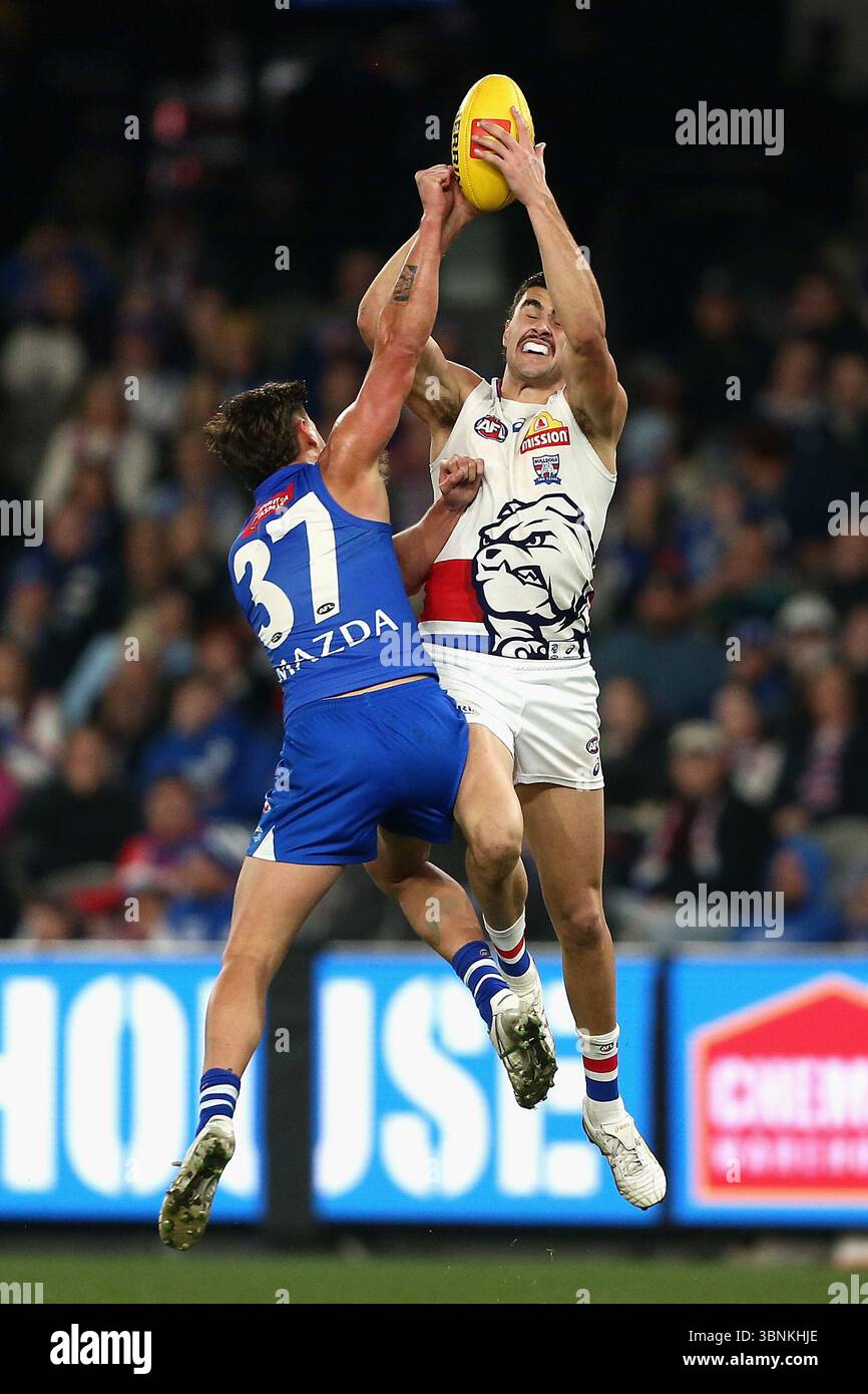 Joel Freijah of the Bulldogs takes a mark during the AFL Round 17 match ...