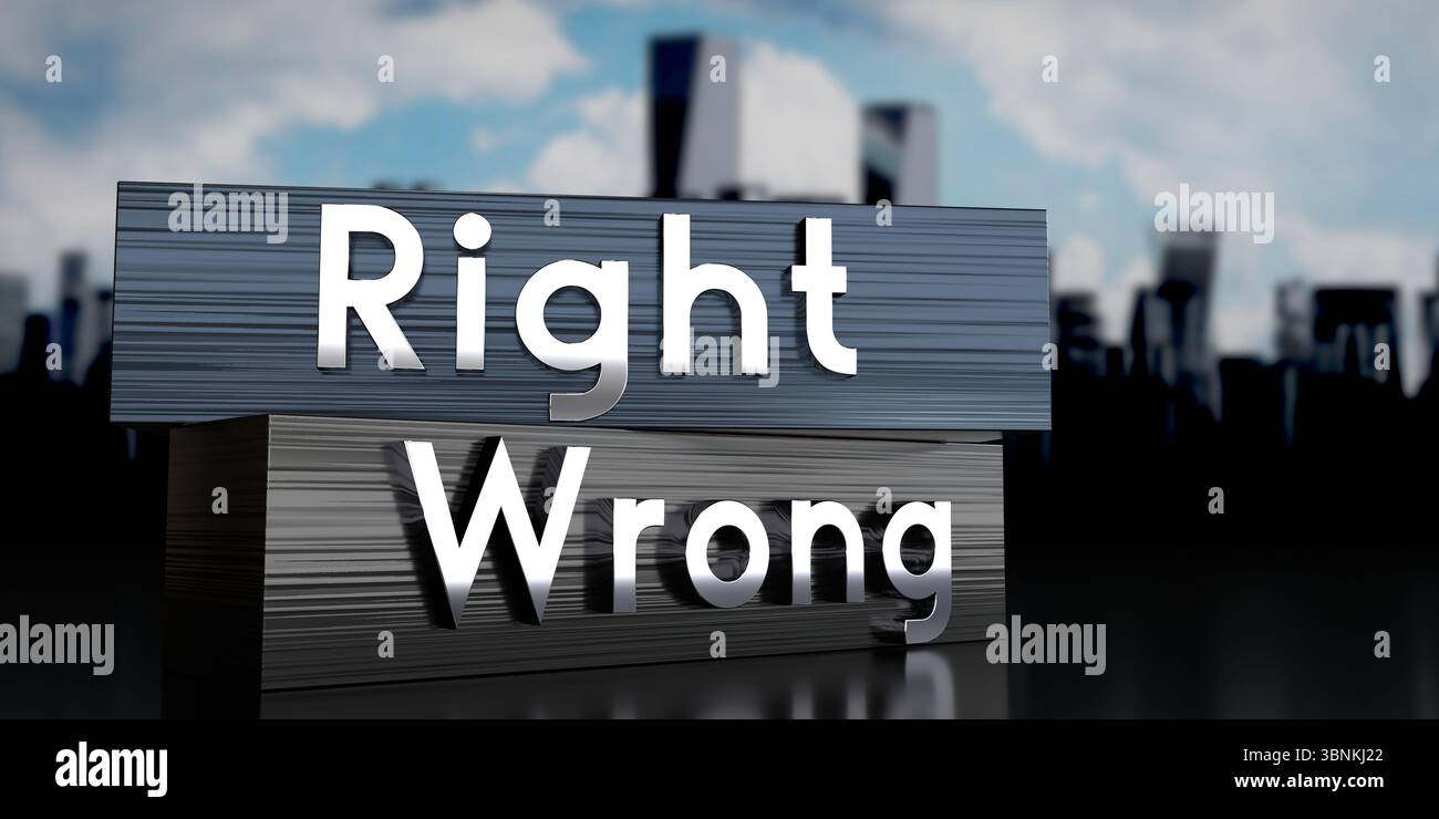 Right, wrong - metal blocks and skyscrapers - 3D illustration Stock ...