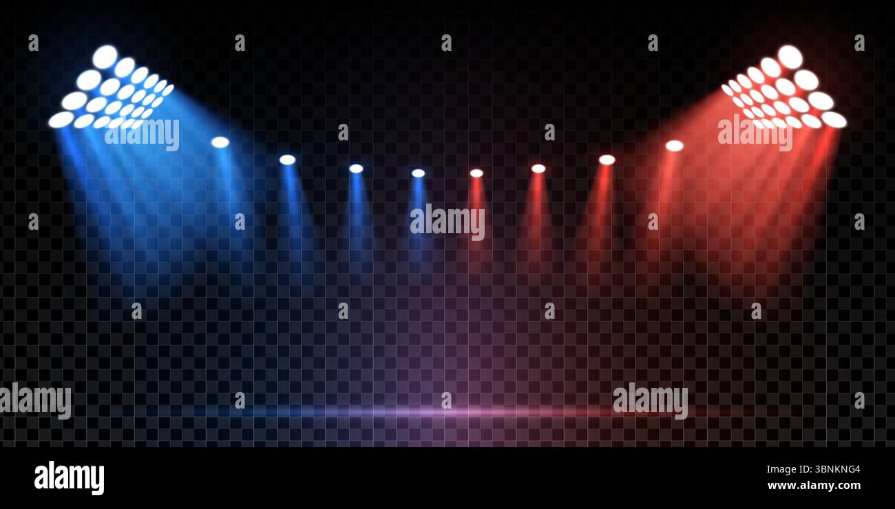 Spotlight sport stage with red blue lighting and dark arena background ...
