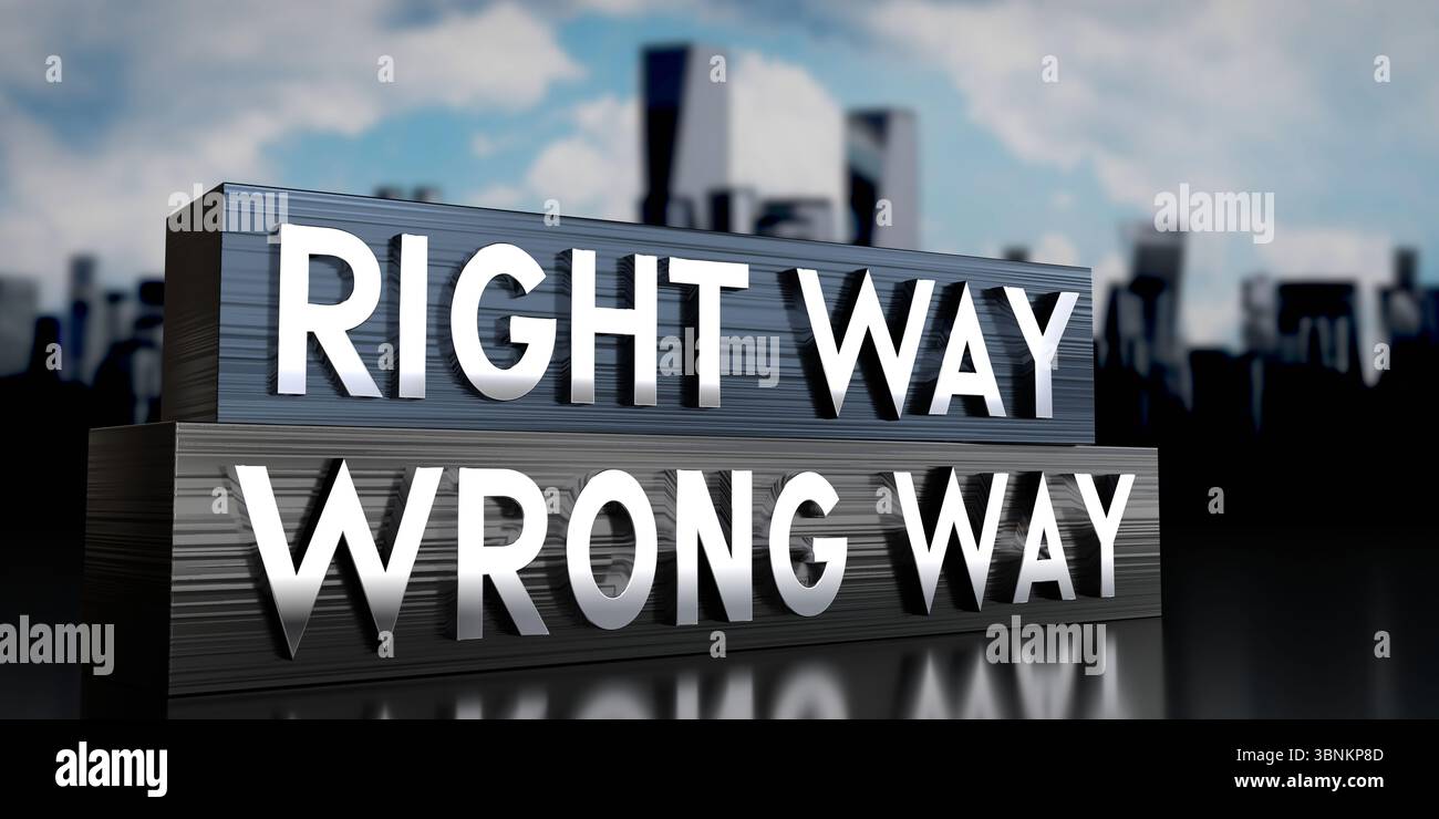 Right way, wrong way - metal blocks and skyscrapers - 3D illustration ...