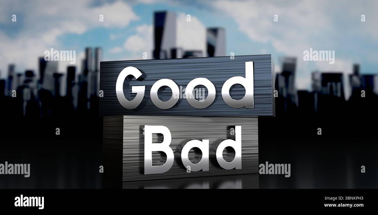 Good, bad - metal blocks and skyscrapers - 3D illustration Stock Photo ...