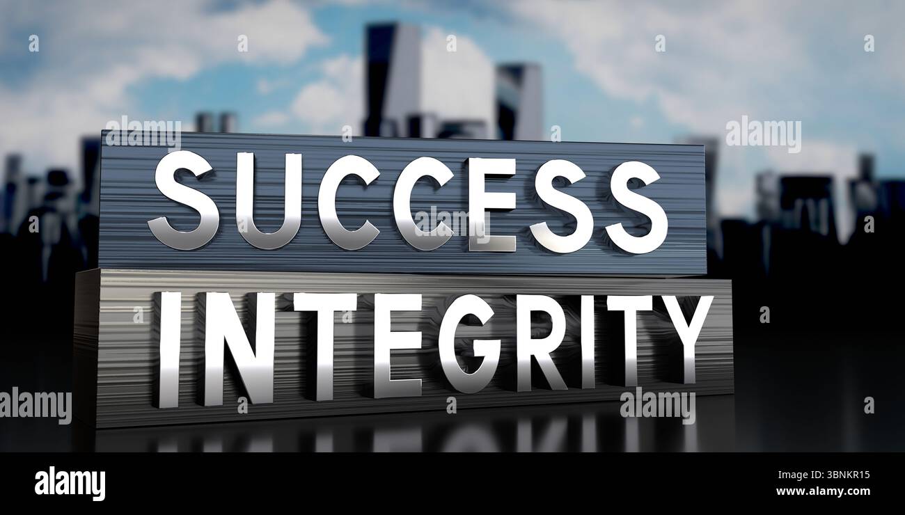 Success, integrity - metal blocks and skyscrapers - 3D illustration ...