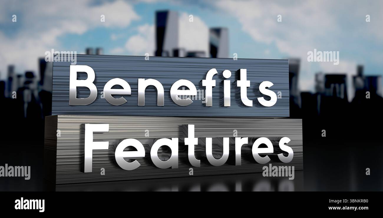 Benefits, features - metal blocks and skyscrapers - 3D illustration ...