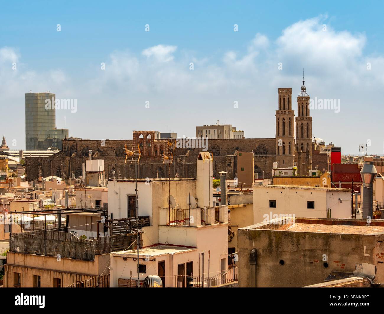 Rooftop view towards the historic Basilica de Santa Maria del Mar in ...