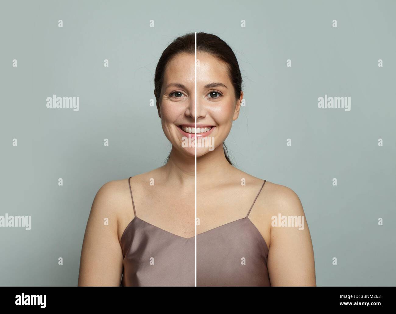 Laughing young model woman and mature woman. Two female faces collage ...