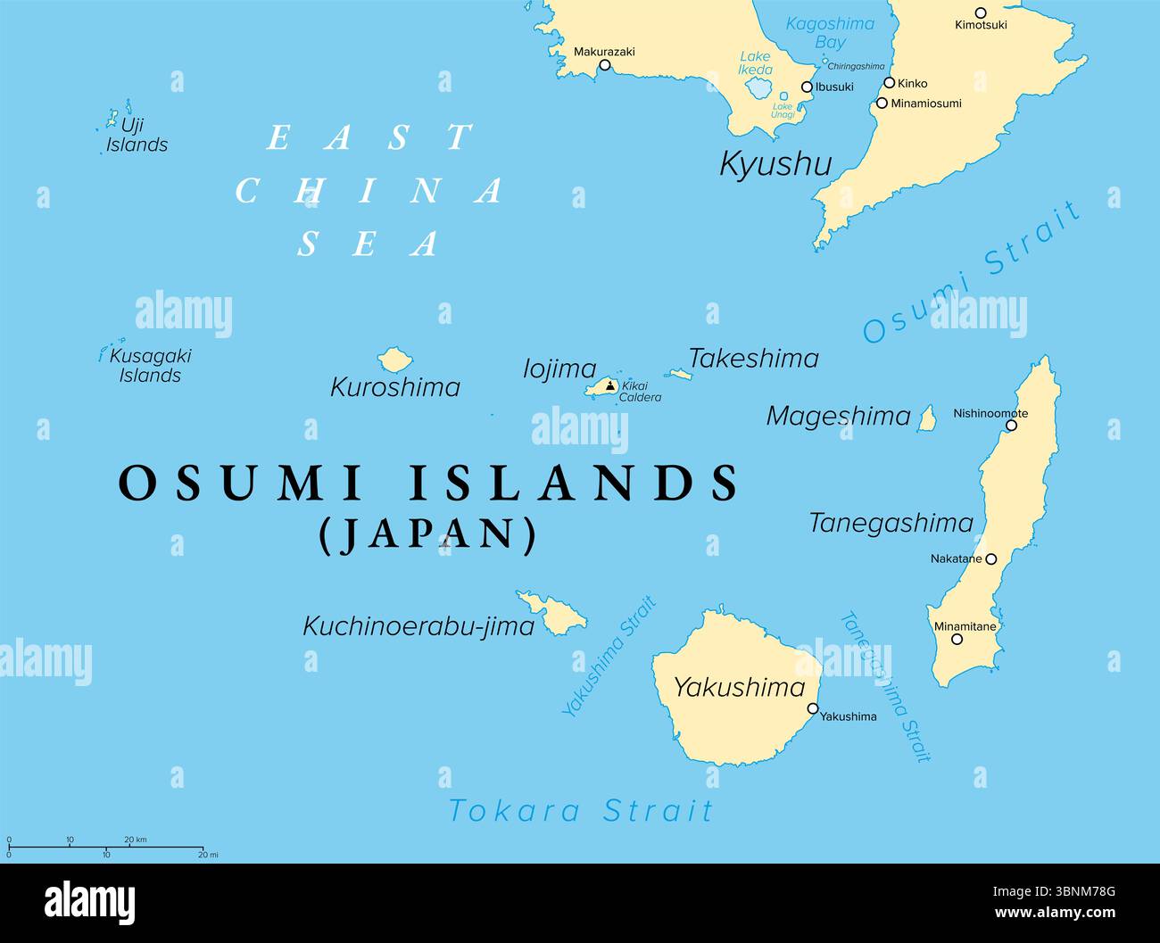 Osumi Islands, island group of Japan, political map. Archipelago and northernmost group of the ...