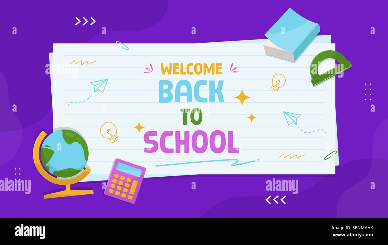 Welcome back to school greeting on purple background with paper and ...