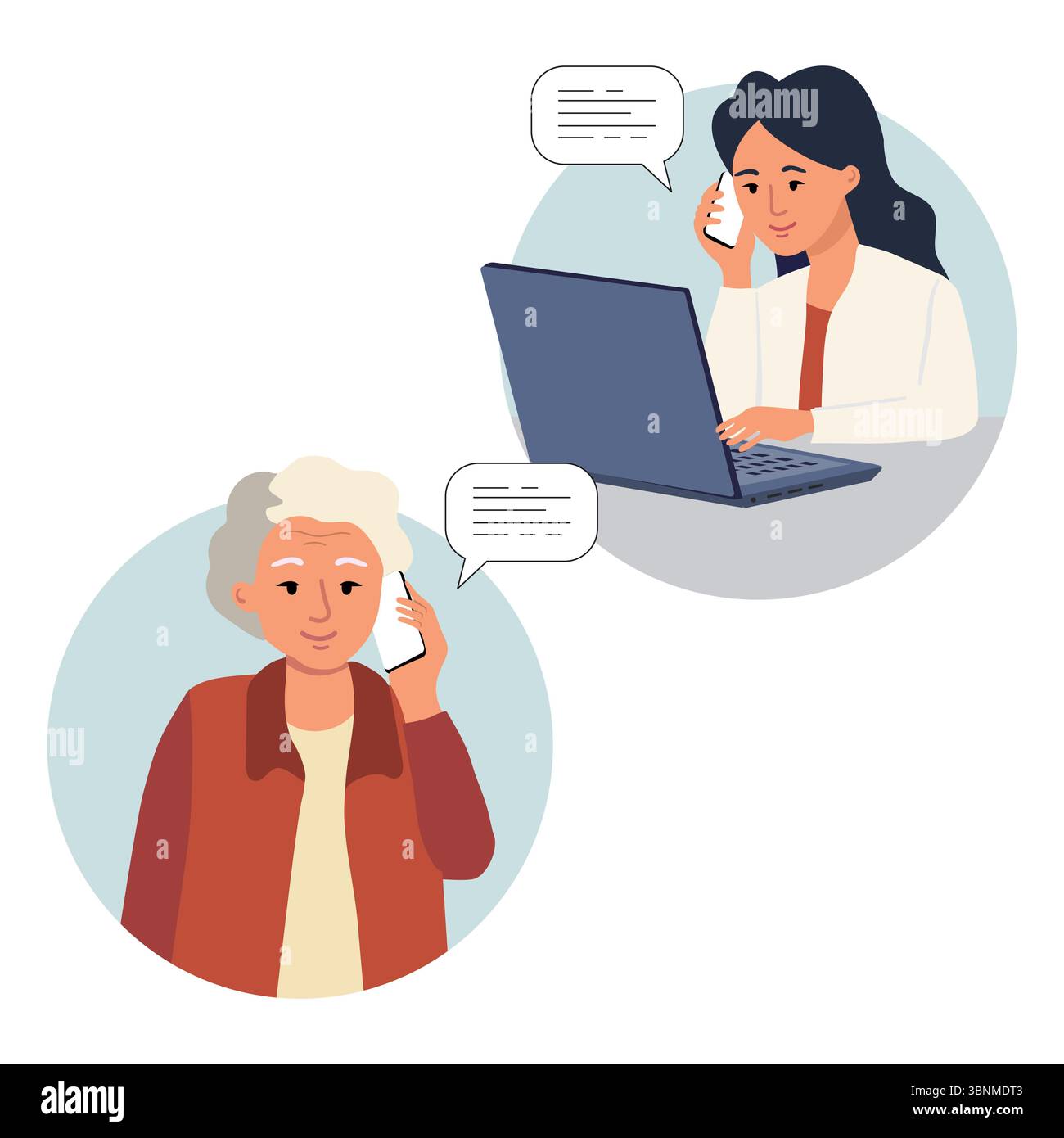 Video call illustration with elderly man and young woman, focusing on ...