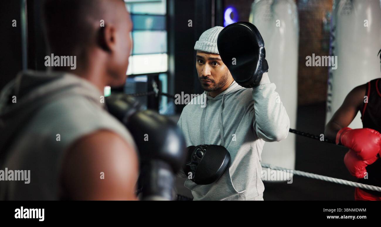 Exercise, sports and training with people in boxing ring for combat ...