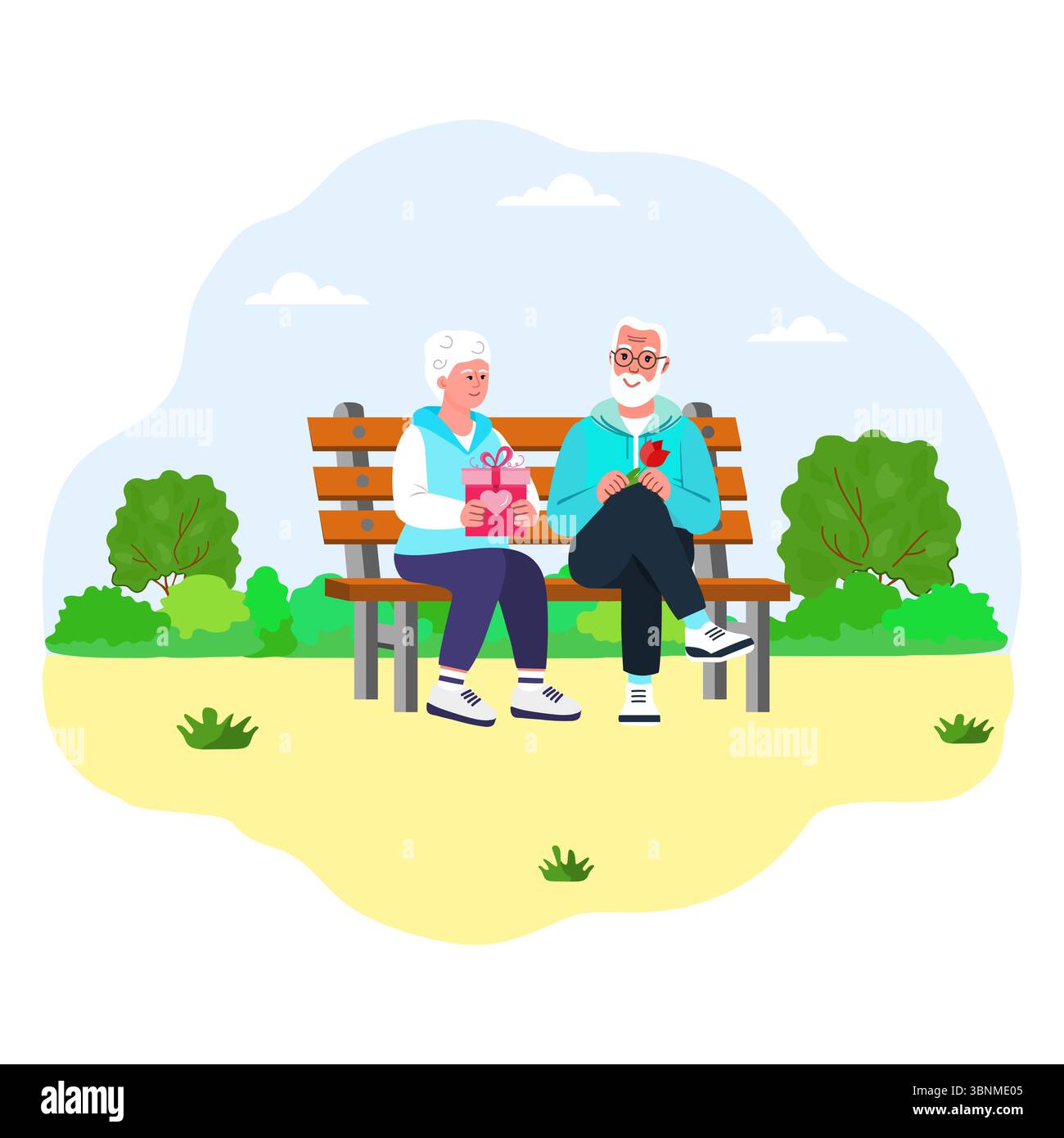 Vector illustration Grandpa gave flowers, gift to grandma. Elderly ...