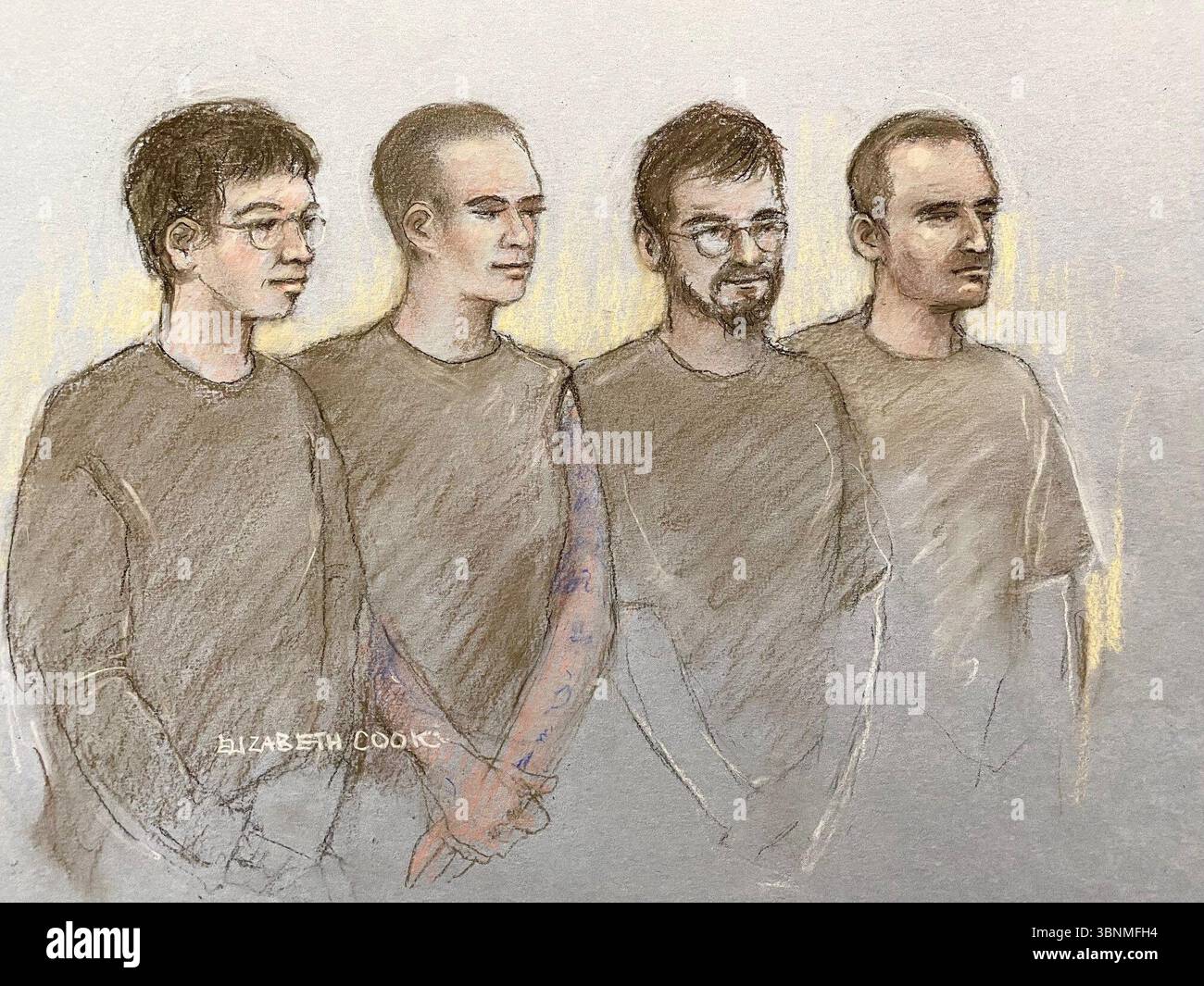 Court artist drawing by Elizabeth Cook of (left to right) Jony Cink, 24 ...