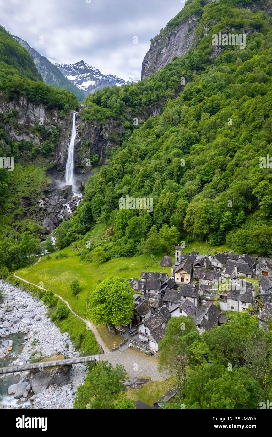 Aerial view of the Foroglio waterfall and town. Foroglio, Cevio, Val ...