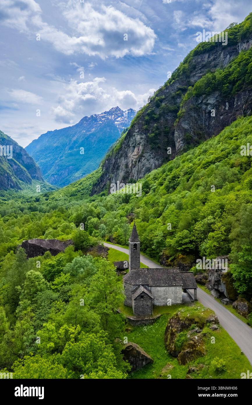Aerial view of the Oratorio della Natività church. Cevio, Val Bavona, Valle Maggia, Canton ...