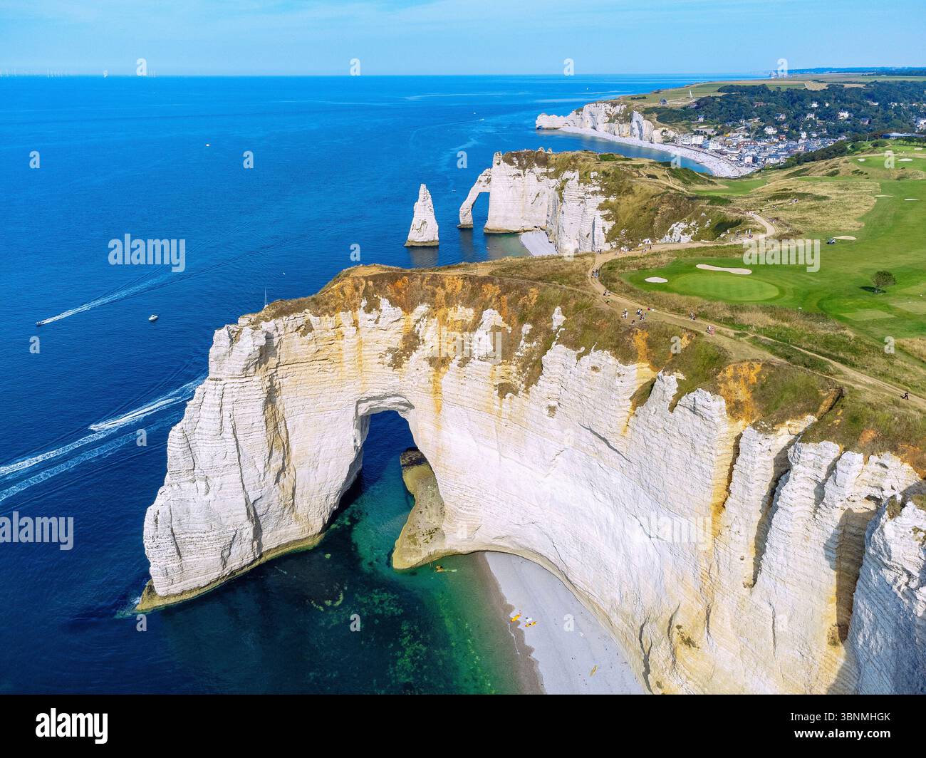 Chalk cliffs with rock gate La Manneporte, rock needle l'Aiguille, rock ...