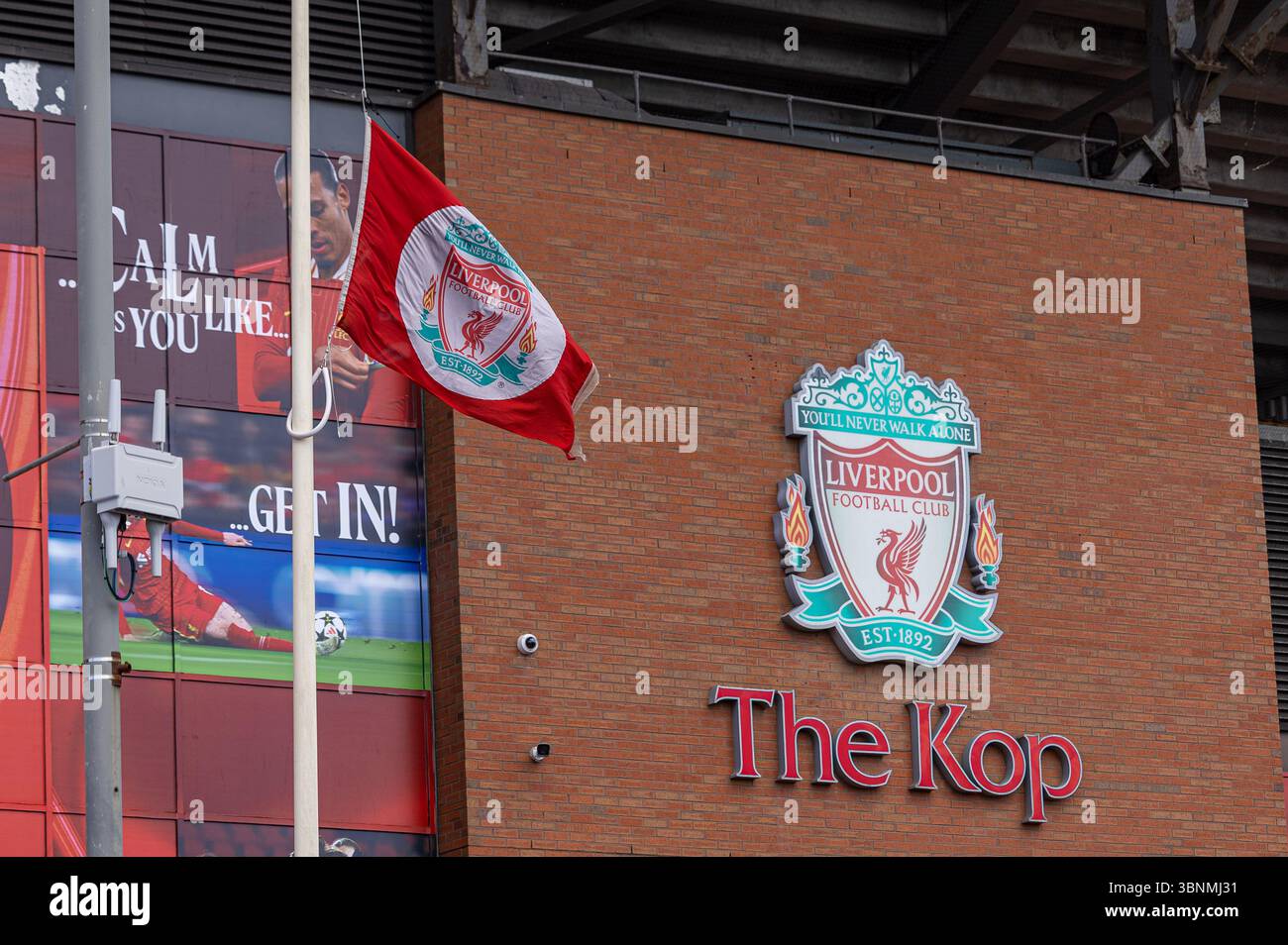 Liverpool. 3rd July, 2025. Liverpool FC flag flies at half-mast outside ...