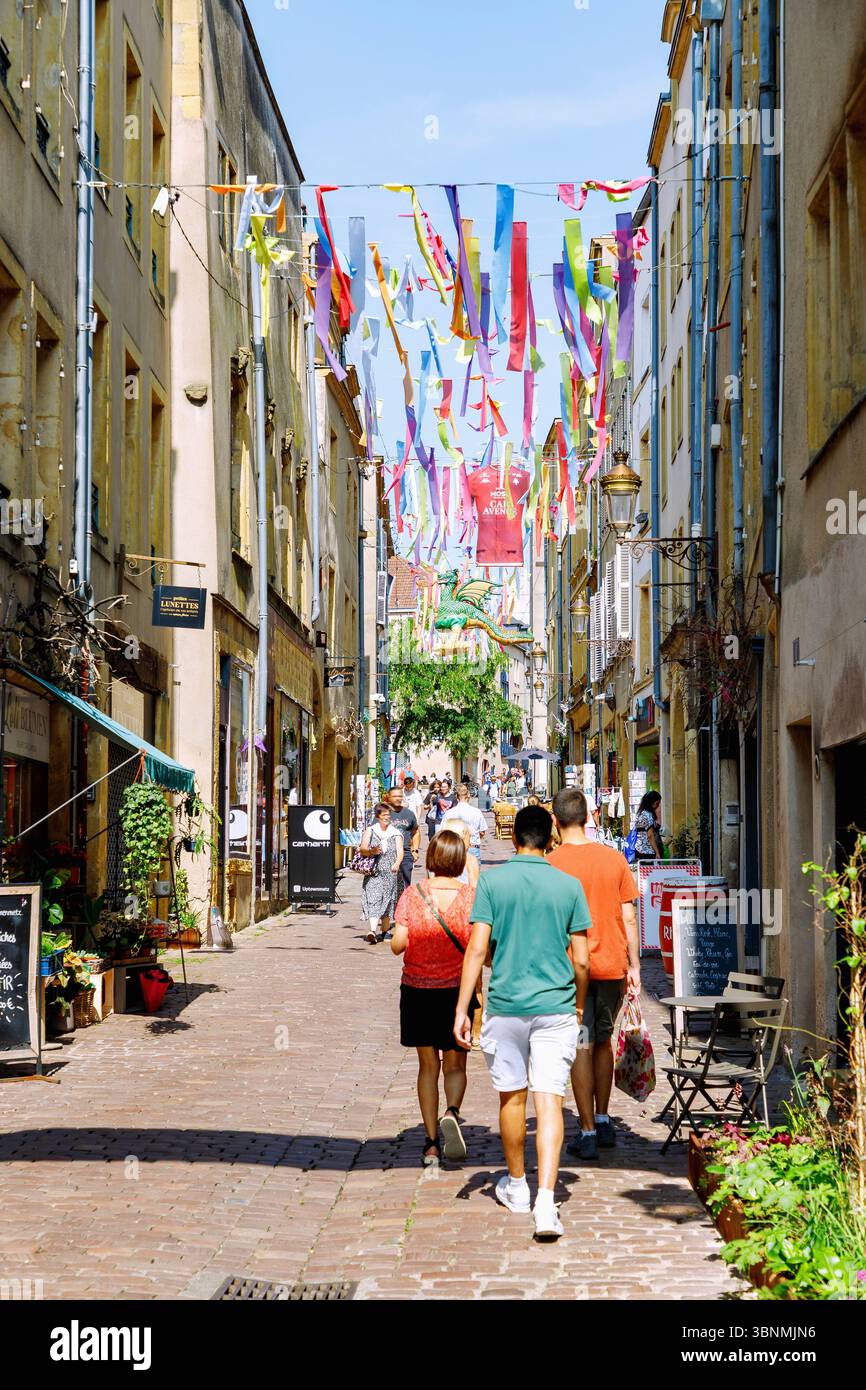 Old town street decorated with colorful stripes and the legendary ...