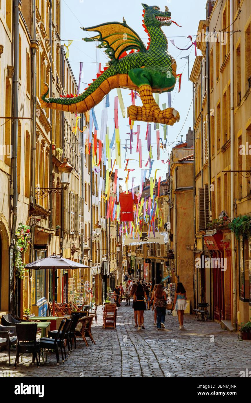 Old town street decorated with colorful stripes and the legendary ...