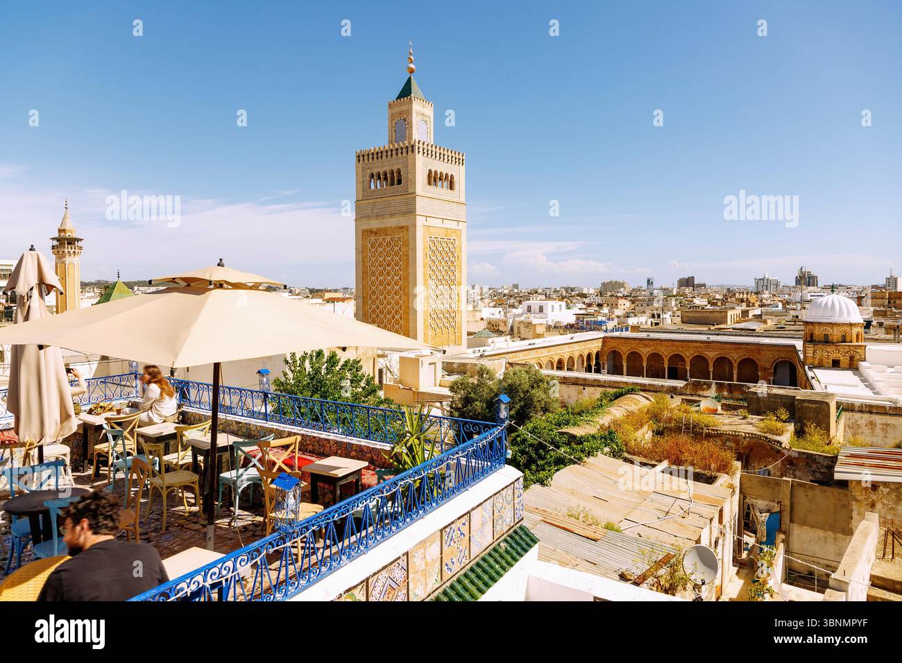 Roof terrace of the Cafe Panoramique with a view of the Great Mosque ...