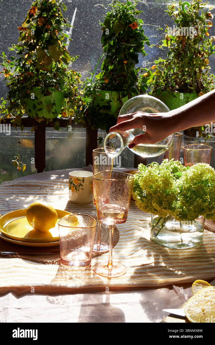 Close-up of a hand pouring water into a glass on a sunlit summer table ...