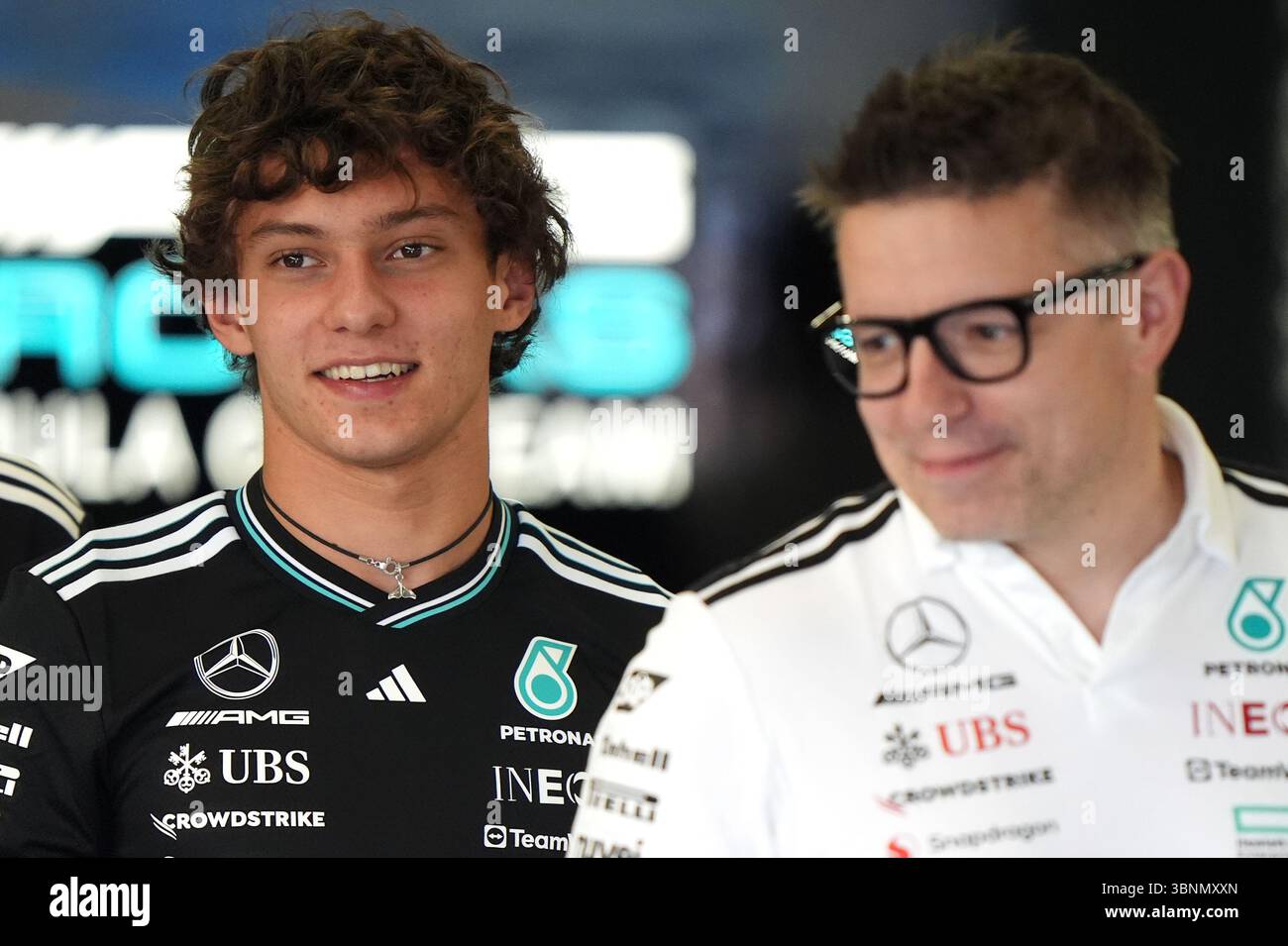 Mercedes driver Andrea Kimi Antonelli (left) and race engineer Peter ...