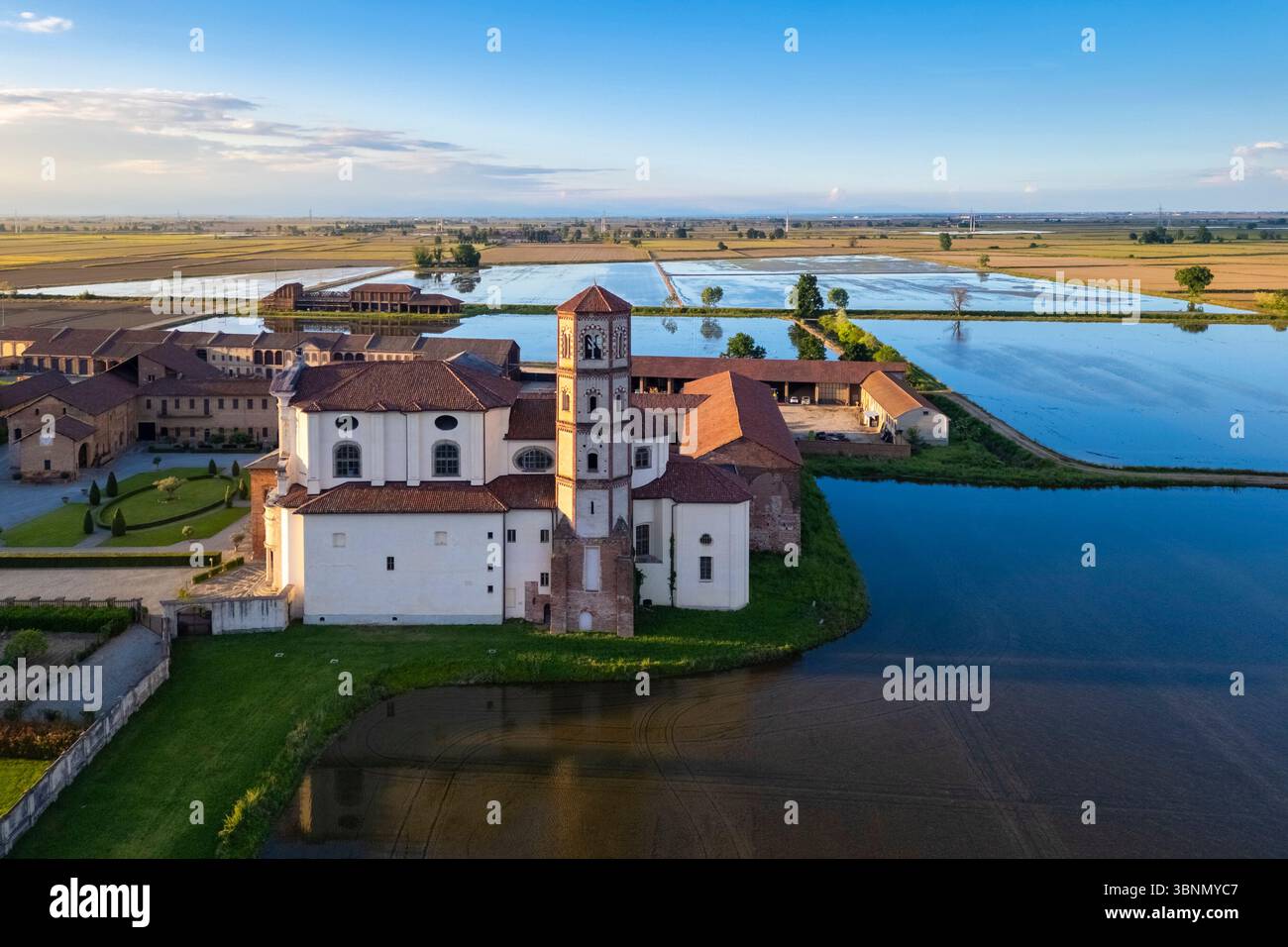 Aerial view of the flooded rice fields near the Principality of Lucedio ...