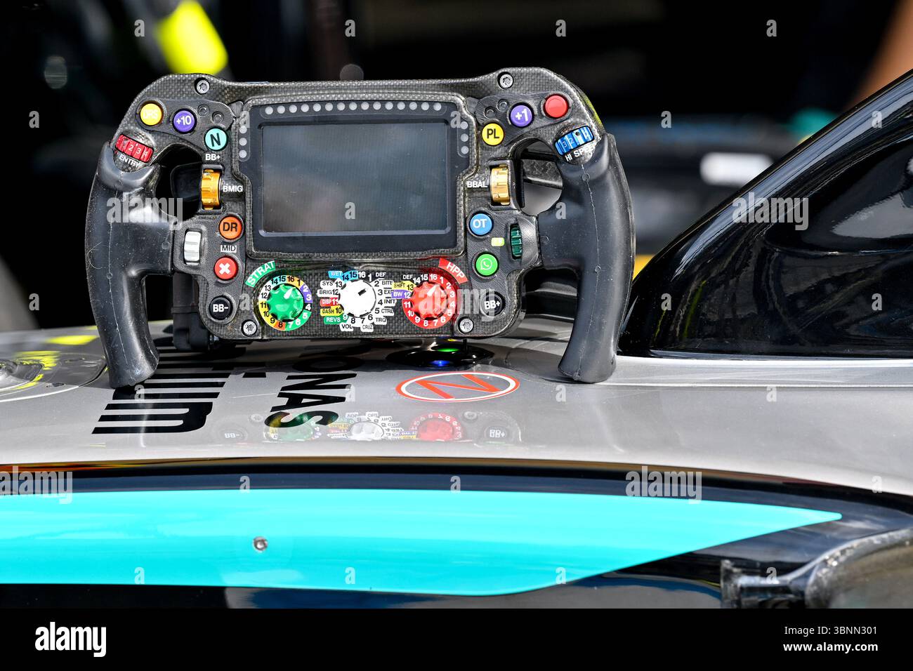 A Steering Wheel of a Mercedes F1 in the Pit Lane at the Formula 1 ...