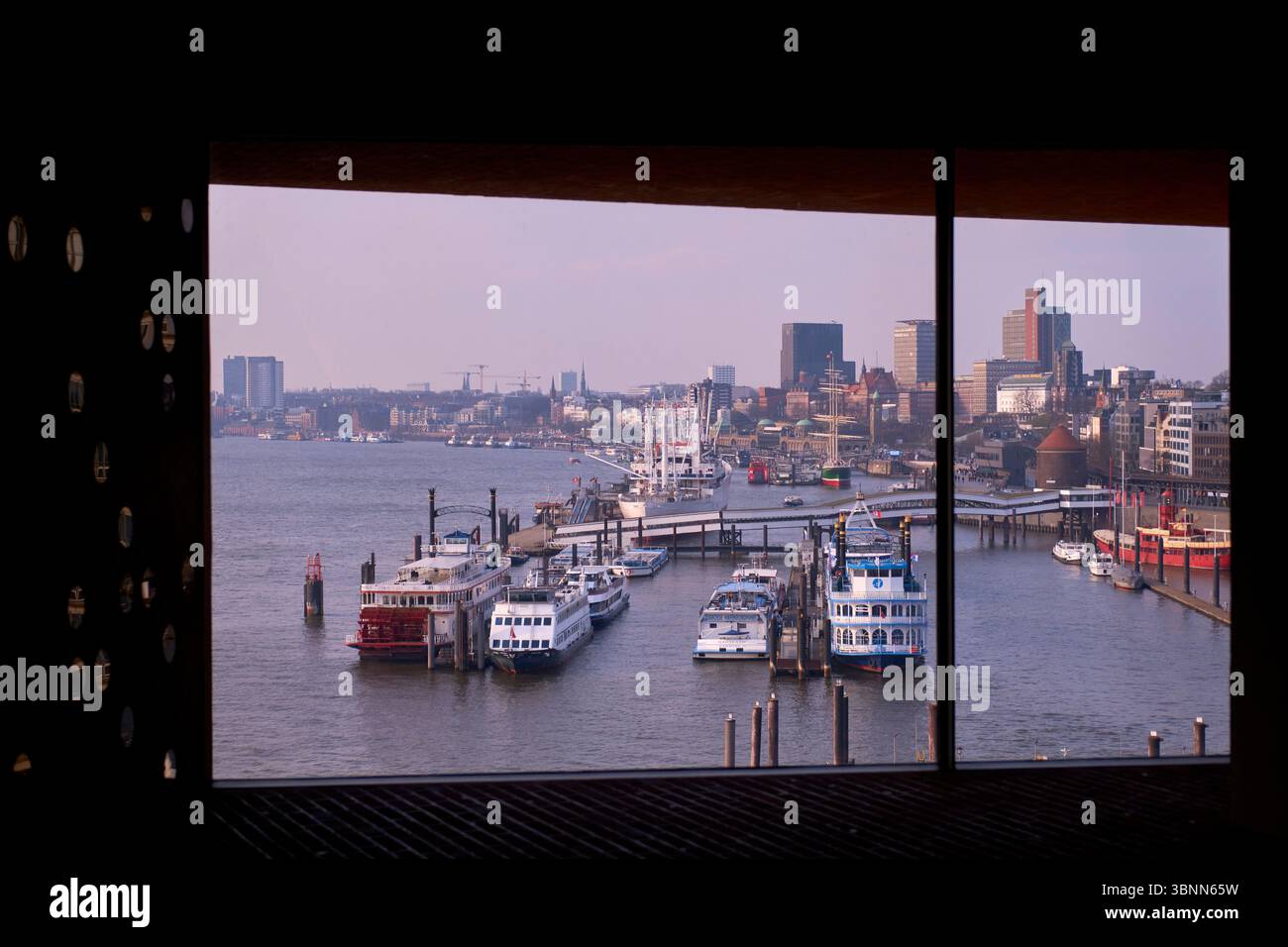 View of Hamburg harbor through the panorama window of the ...