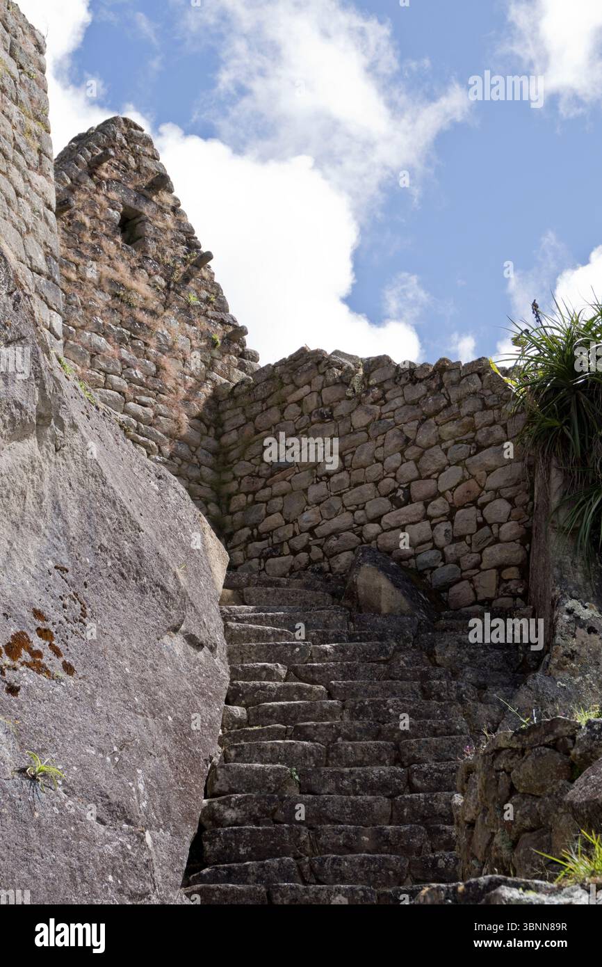 Stone stairs within the ruins of Machu Picchu, the 15th-century Inca ...