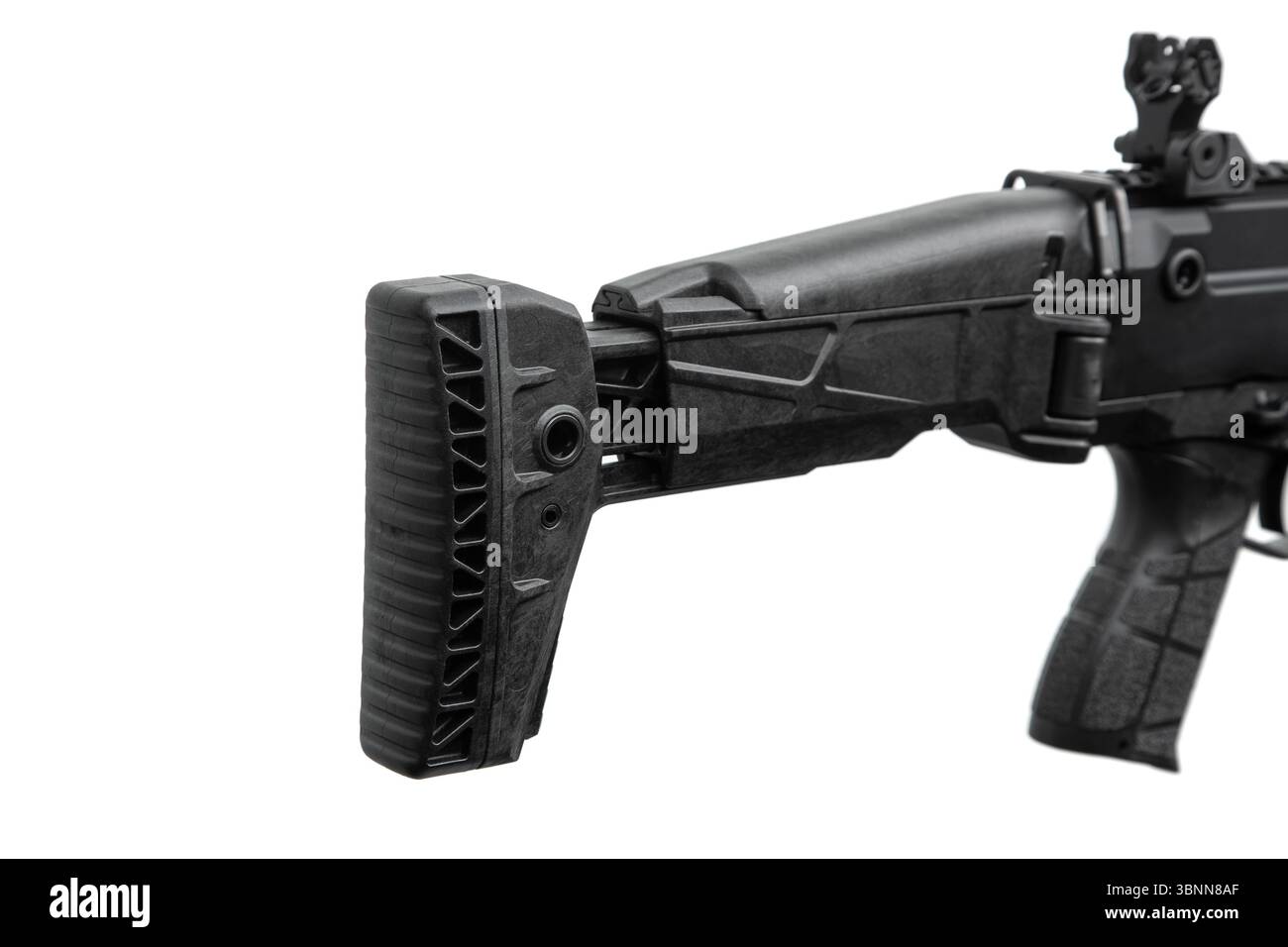 Close-up of the adjustable polymer rifle stock and recoil pad, designed ...