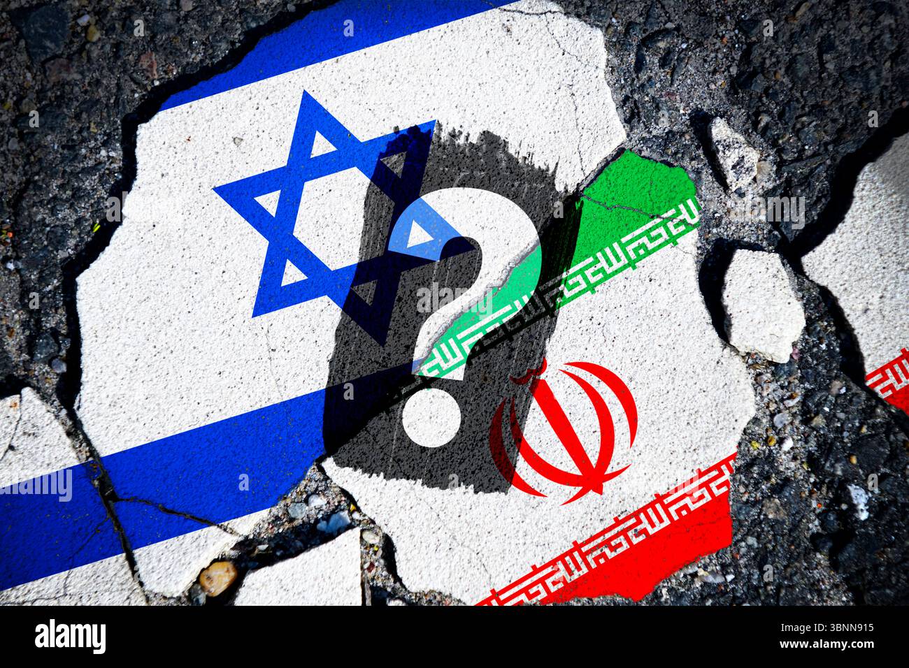 Flags of israel and iran on a broken ground hi-res stock photography ...