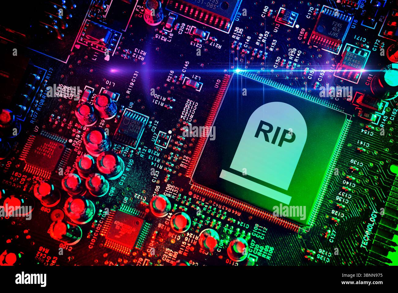Computer chip with gravestone symbol, symbolic photo of virtual ...